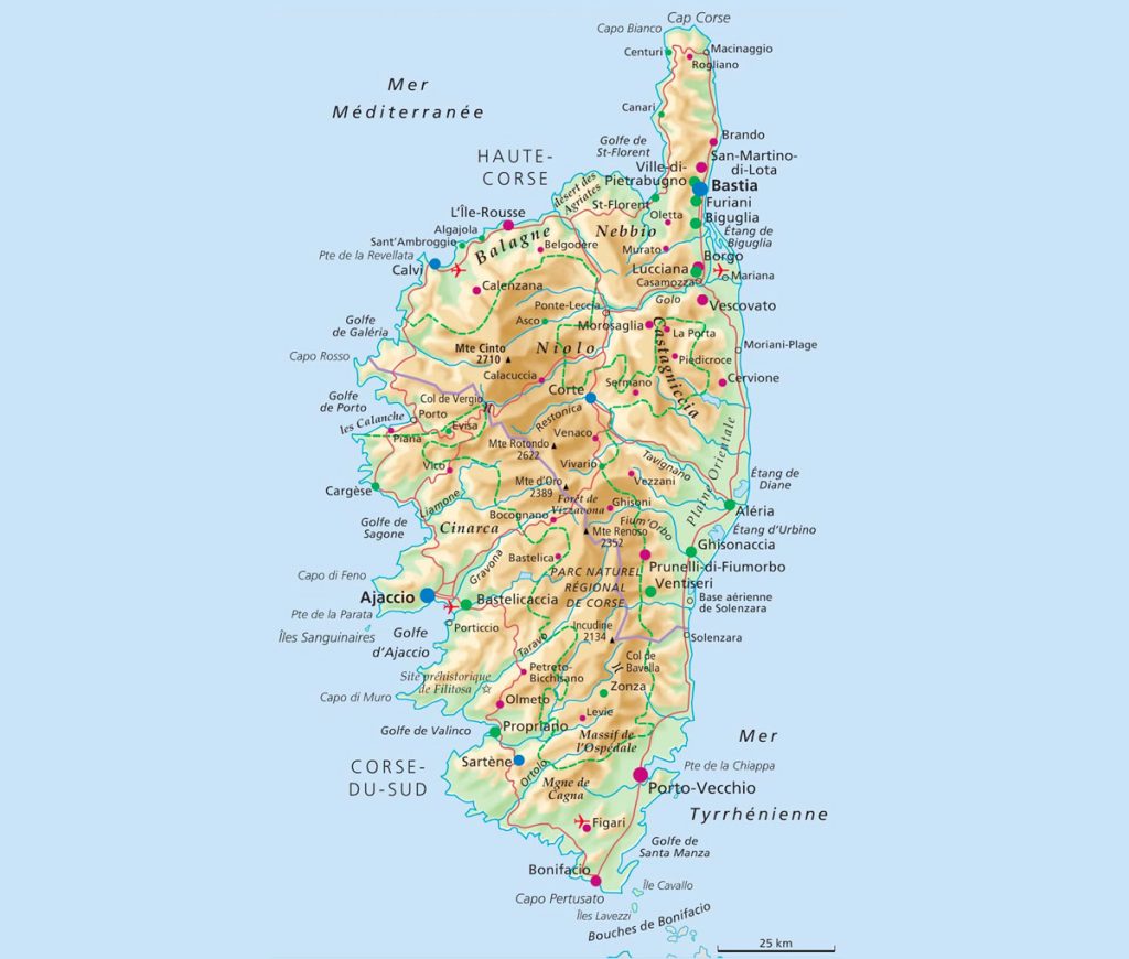 Cartes et Plans de la Corse : Villes, Plages, Train, Bus, Plongée