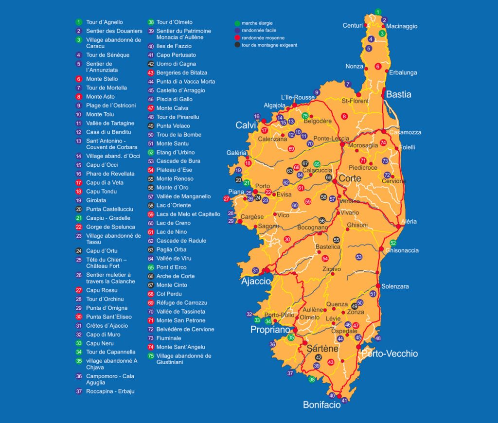 Cartes et Plans de la Corse : Villes, Plages, Train, Bus, Plongée